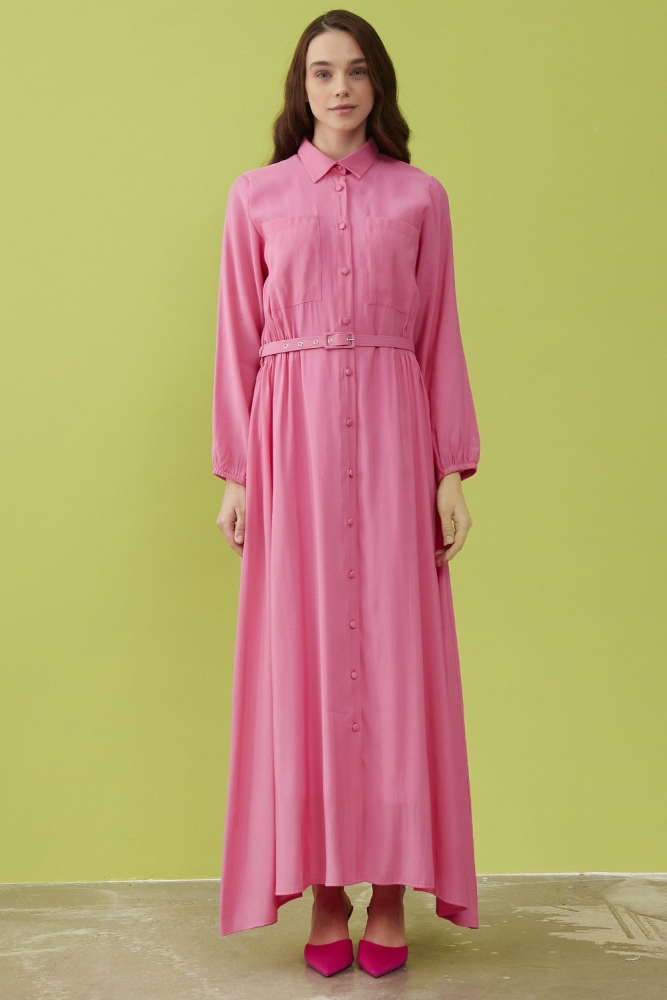 591-Krep Pamuk Elbise Fuşya